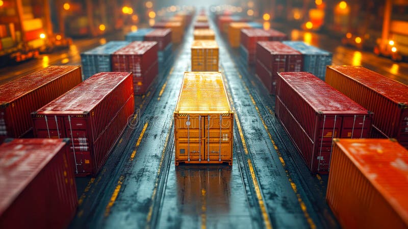 Rows of Red and Yellow Shipping Containers are Neatly Arranged in a ...