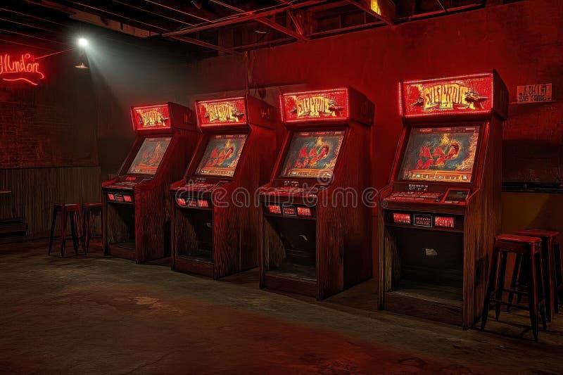 Rows of Retro Arcade Games Glow Red in Dimly Lit Entertainment Spot ...