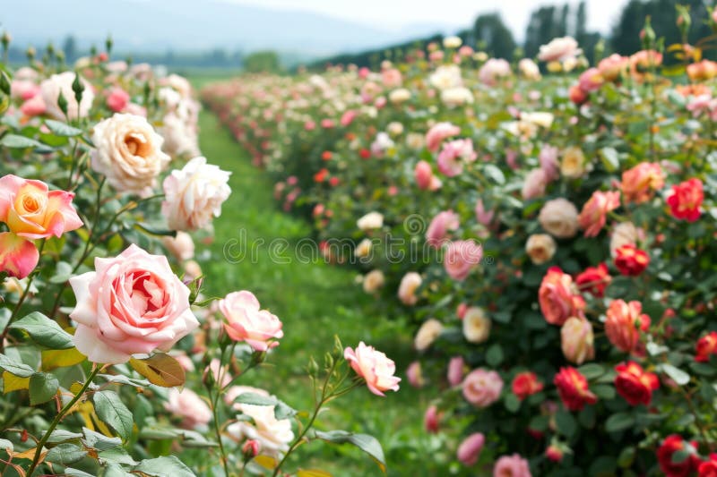 Rows of Rose Bushes in Various Stages of Bloom Outdoors Stock Photo ...