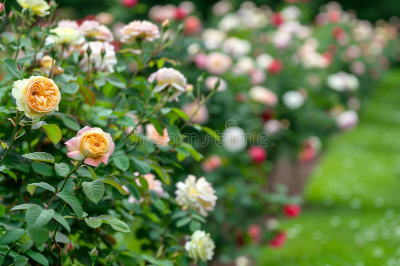 Rows of Rose Bushes in Various Stages of Bloom Outdoors Stock Photo ...