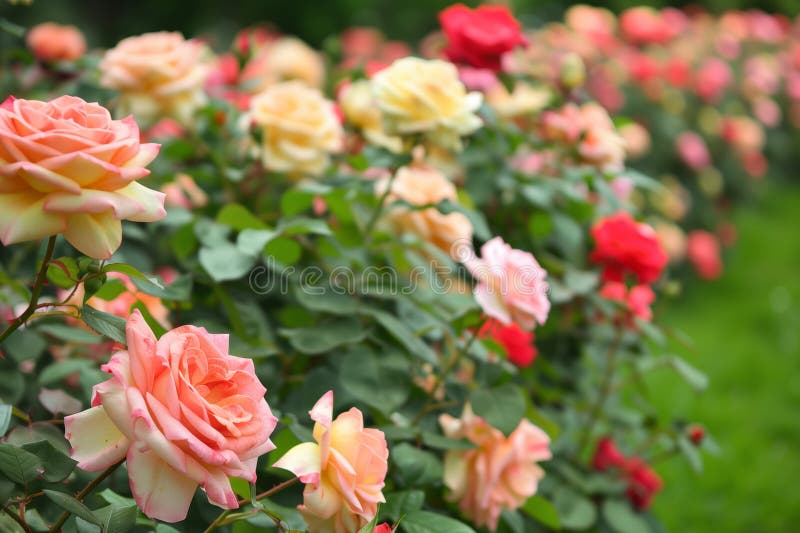 Rows of Rose Bushes in Various Stages of Bloom Outdoors Stock Photo ...