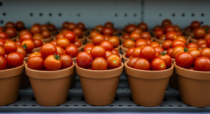 Rows of Ruby Red Cherry Tomatoes in Terracotta Pots Presented on a Shelf - Generated Using Ai ...
