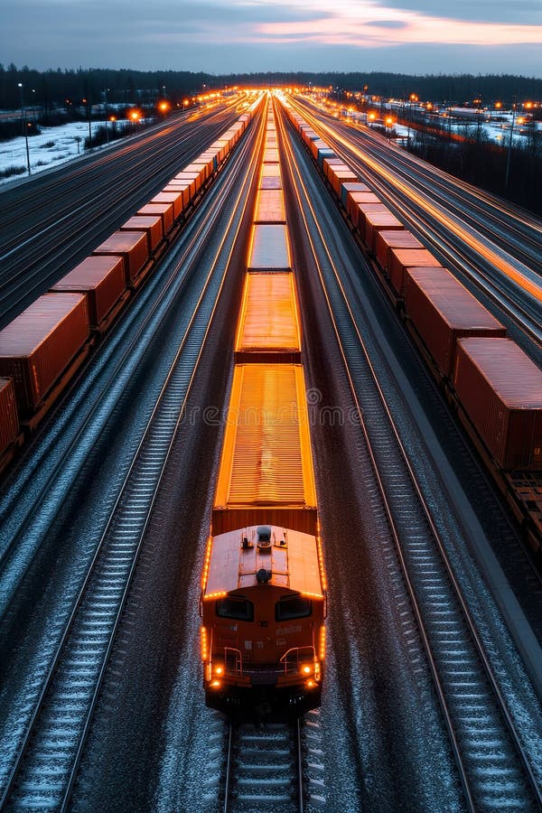 Rows of Rust-colored Cargo Containers Stretch into the Distance As Dusk ...