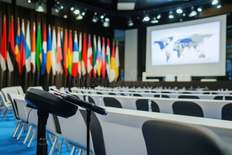 Conference Setup Featuring Flags and Presentation Screen in a Modern ...