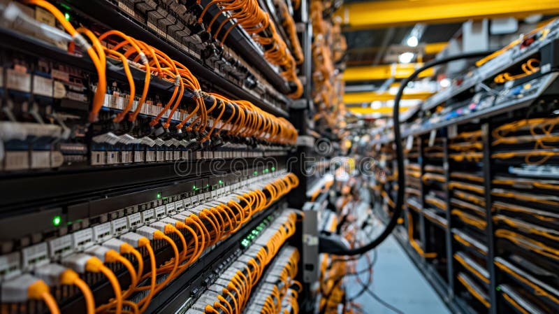 Rows of Server Hardware with Bright Orange Network Cables in a Modern ...