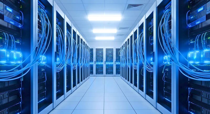 Rows of Server Racks with Blue Cables Line a Corridor in a Data Center ...