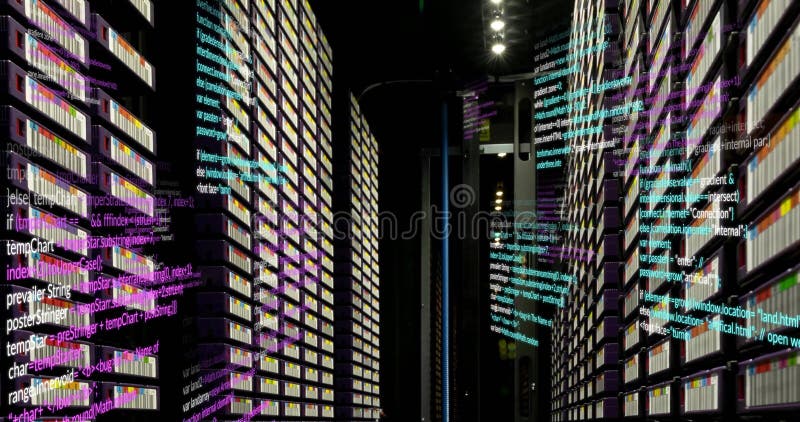 Rows of Server Racks with Colorful Lights are Displaying Data Stock ...