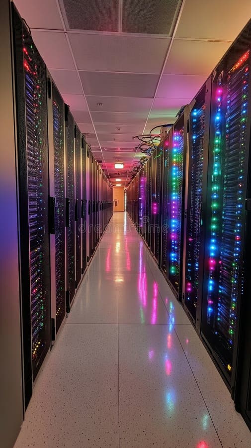 Rows of Server Racks in a Data Center Illuminated by Fluorescent Lights ...