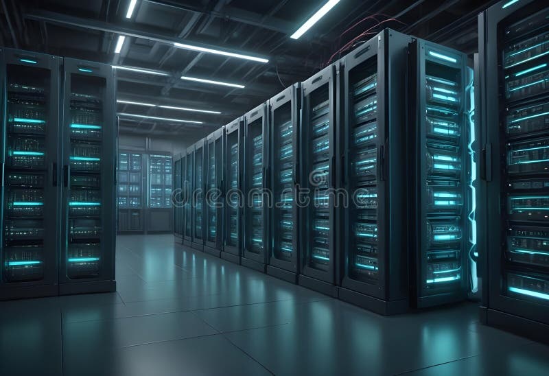 Rows of Server Racks in a Data Center. the Racks are Lit with Blue ...