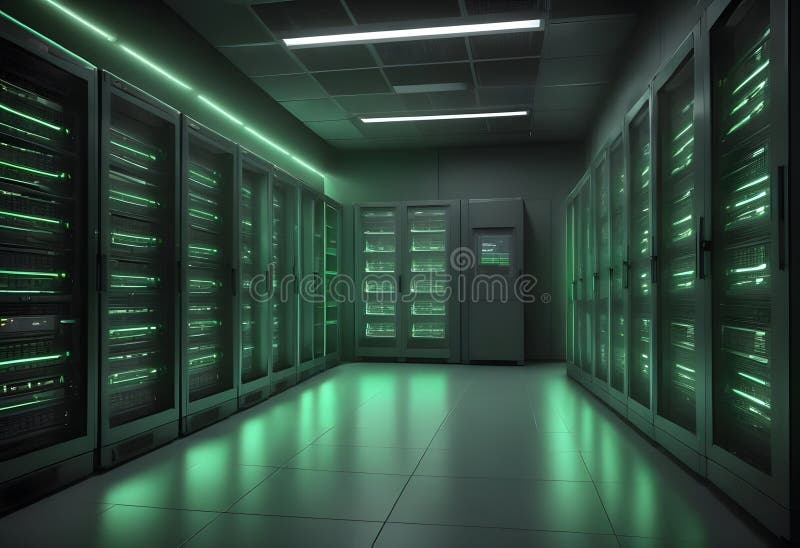 Rows of Server Racks in a Data Center. the Racks are Lit with Green ...