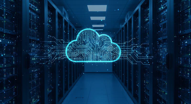 Rows of Server Racks in a Data Center are Visible, with a Glowing Blue ...