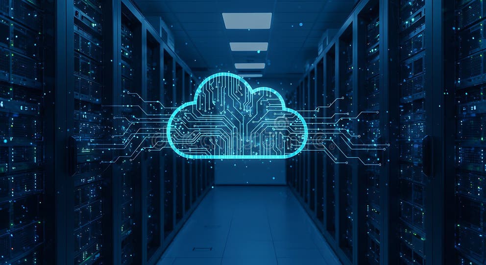 Rows of Server Racks in a Data Center are Visible, with a Glowing Blue ...