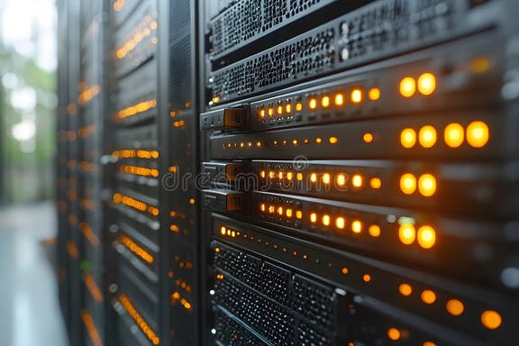 Modern Data Center Server Rack with Glowing Orange LED Indicators for ...