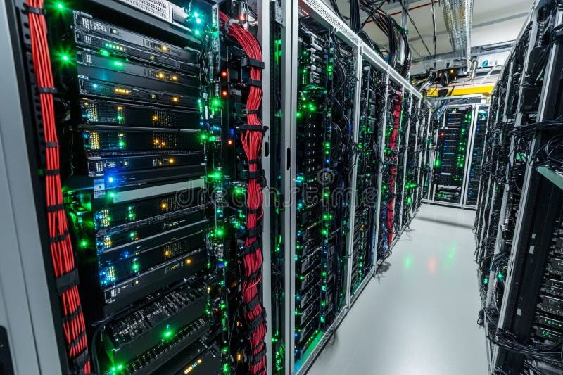 Rows of Server Racks Filled with Network Equipment and Cables in a Data ...