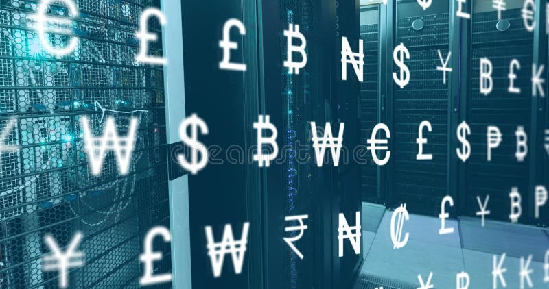 Rows of Server Racks with Glowing Currency Symbols Representing Digital ...