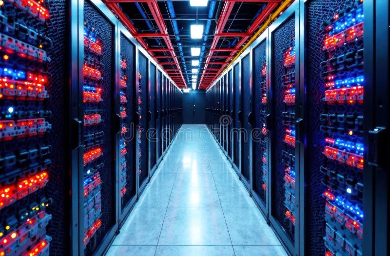 Rows of Server Racks with Glowing LED Lights Create a Vibrant ...