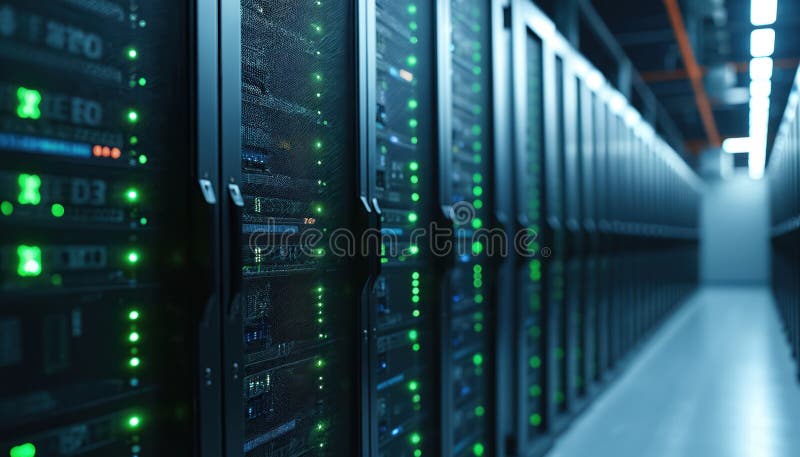 Rows of Server Racks Illuminate with Green Lights Inside Modern Data Center. High-tech Equipment ...