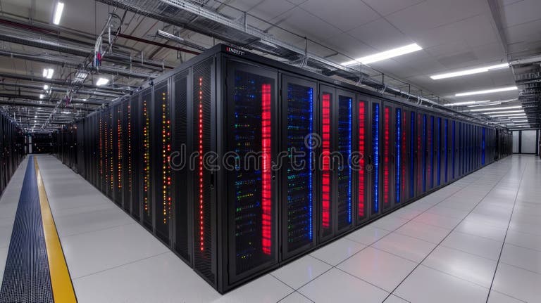Rows of Server Racks Illuminated by Colorful LED Lights are Arranged in ...