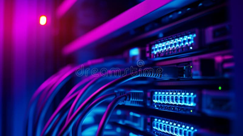 Rows of Server Racks with Illuminated Panels and Network Cables in a ...