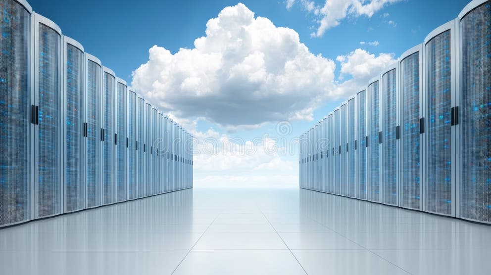 Rows of Server Racks Lead To a Cloudy Sky, Representing the Concept of ...