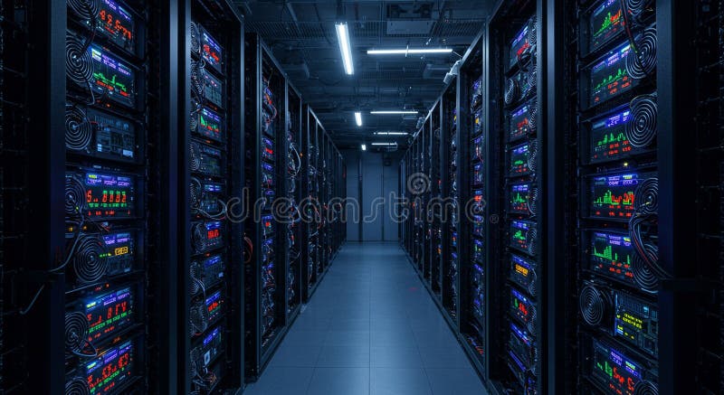 Rows of Server Racks Line a Narrow Corridor in a Data Center. Each Rack is Filled with Stock ...