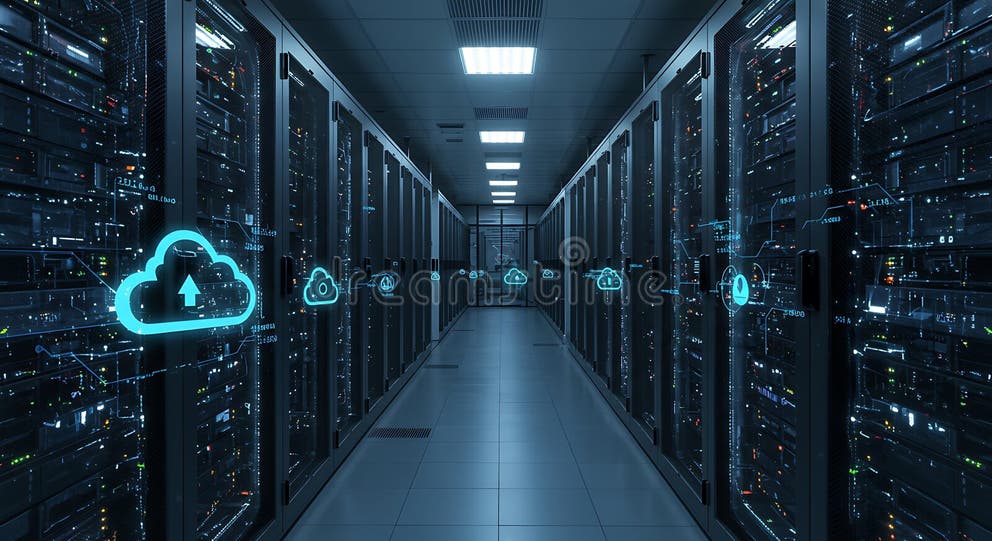 Rows of Server Racks Line a Narrow Corridor in a Modern Data Center ...