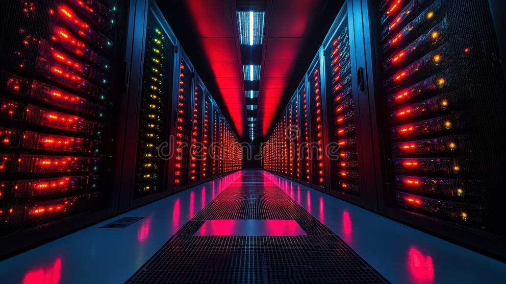 Rows of Server Racks in a Modern Data Center, with Glowing Lights and a ...