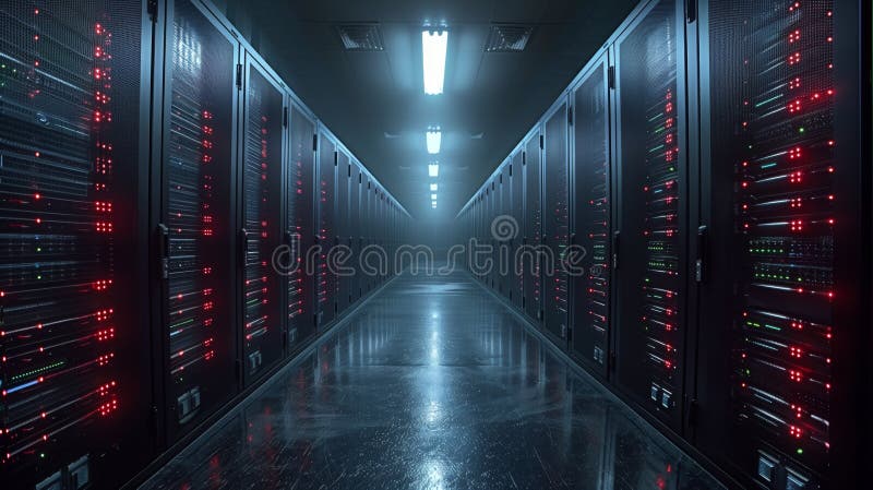 Rows of Servers in a Dark Data Center with Red and Green Lights ...