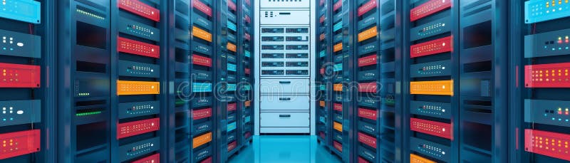 Rows of Servers in a Data Center with Colorful Lights and Server Racks ...