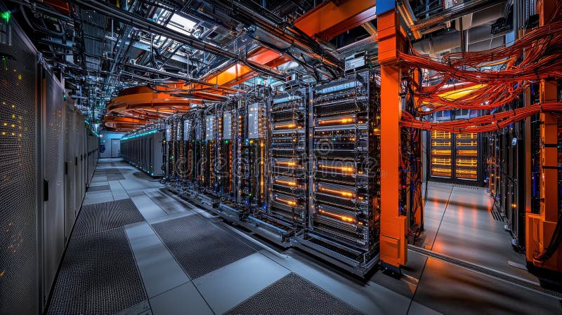 Server Room with Rows of Racks, Lit with Colorful Lights Stock ...