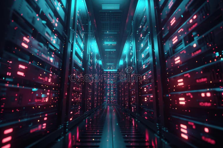 Rows of Servers in a Data Center Lit by Red and Blue Lights Stock Photo ...