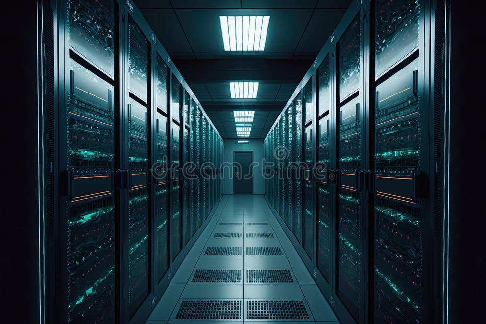 Rows of Servers in Datacenter, Working To Process Complex Computations ...