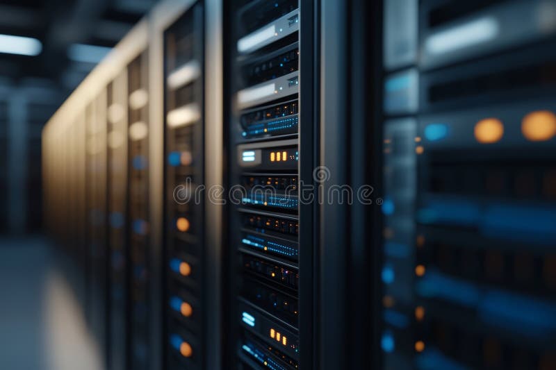 Rows of Servers Fill the Data Center, Illuminated by LED Lights. the ...