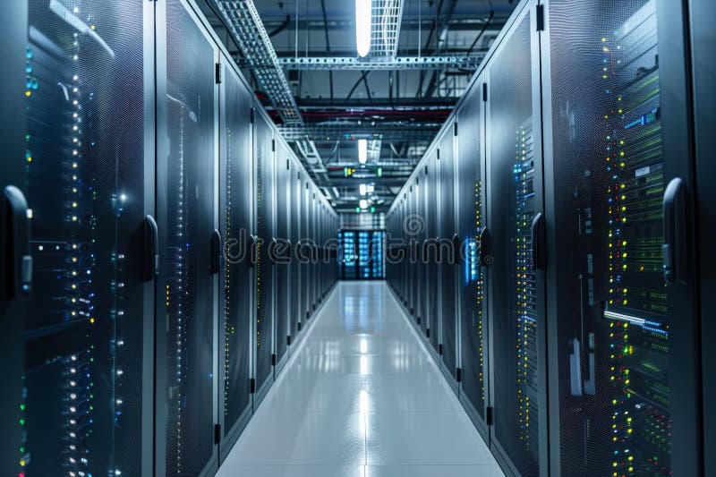 Rows of Servers Fill a Long Building Hallway in a Data Center Stock ...