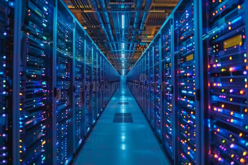 Rows of Servers Fill a Long Building Hallway in a Data Center Stock ...