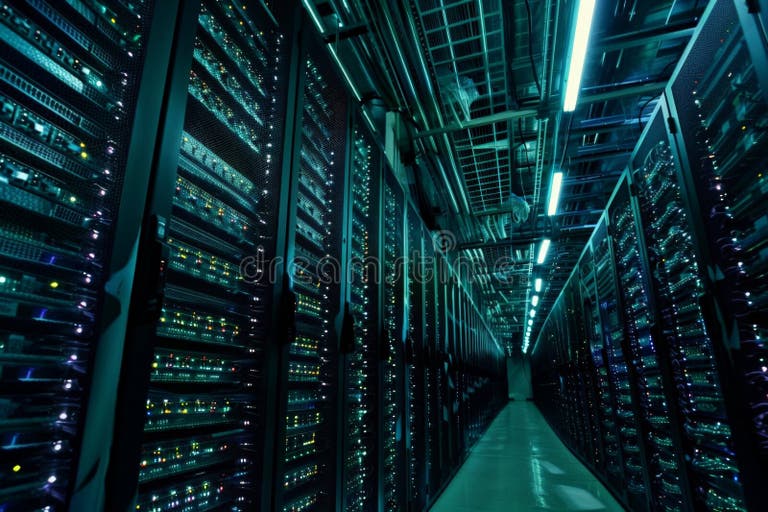 Rows of Servers Fill a Long Building Hallway in a Data Center Stock ...