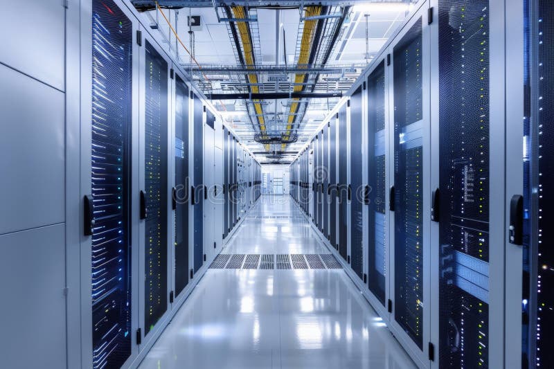 Rows of Servers Fill a Long Building Hallway in a Data Center Stock ...