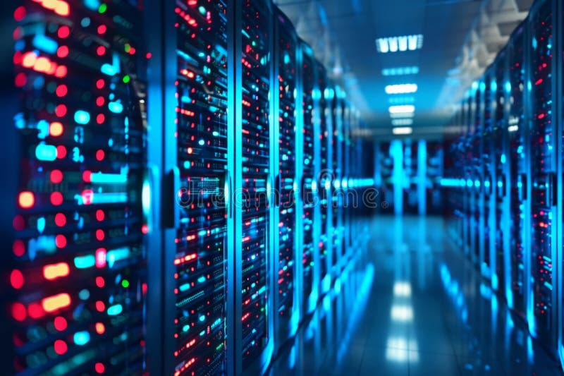 Rows of Servers Fill a Long Building Hallway in a Data Center Stock ...