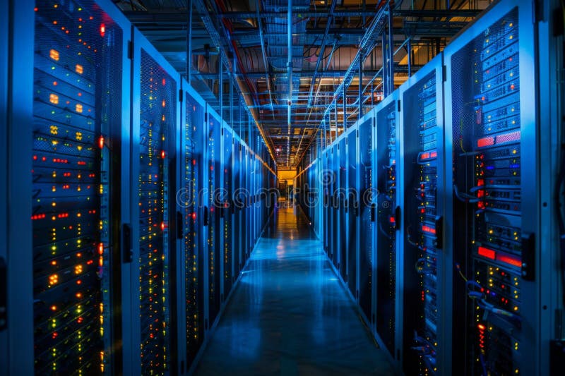 Rows of Servers Fill a Long Building Hallway in a Data Center Stock ...