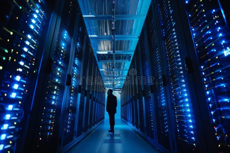 Rows of Servers Fill a Long Building Hallway in a Data Center Stock ...