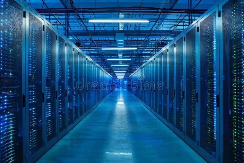 Rows of Servers Fill a Long Building Hallway in a Data Center Stock ...