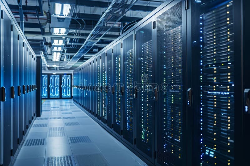 Rows of Servers Fill a Long Building Hallway in a Data Center Stock ...