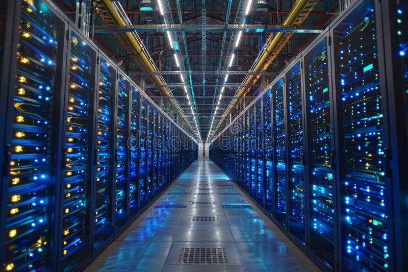 Rows of Servers Fill a Long Building Hallway in a Data Center Stock ...