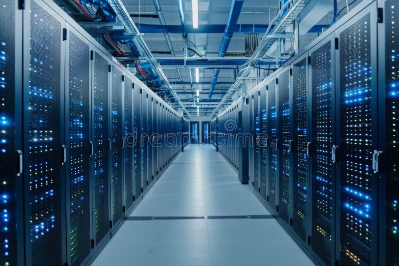 Rows of Servers Fill a Long Building Hallway in a Data Center Stock ...