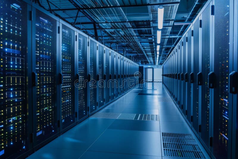 Rows of Servers Fill a Long Building Hallway in a Data Center Stock ...