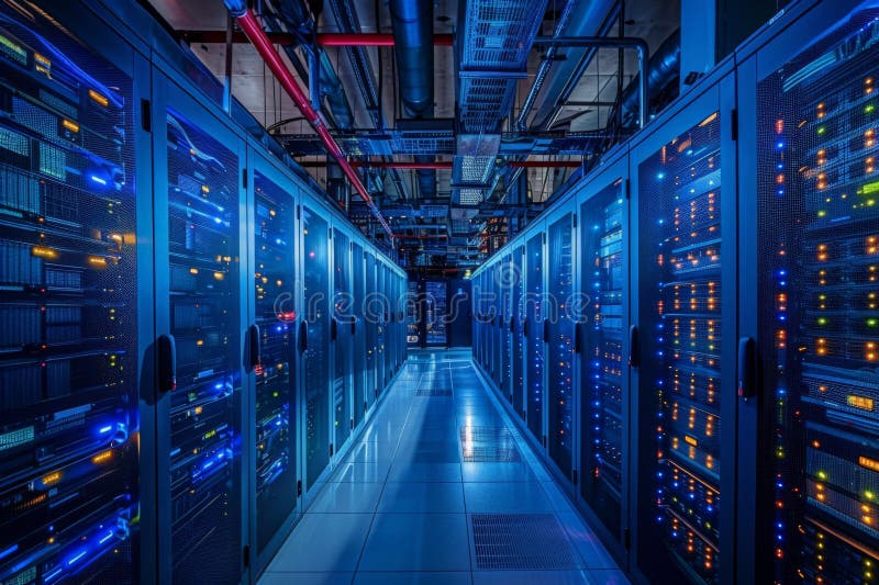 Rows of Servers Fill a Long Building Hallway in a Data Center Stock ...