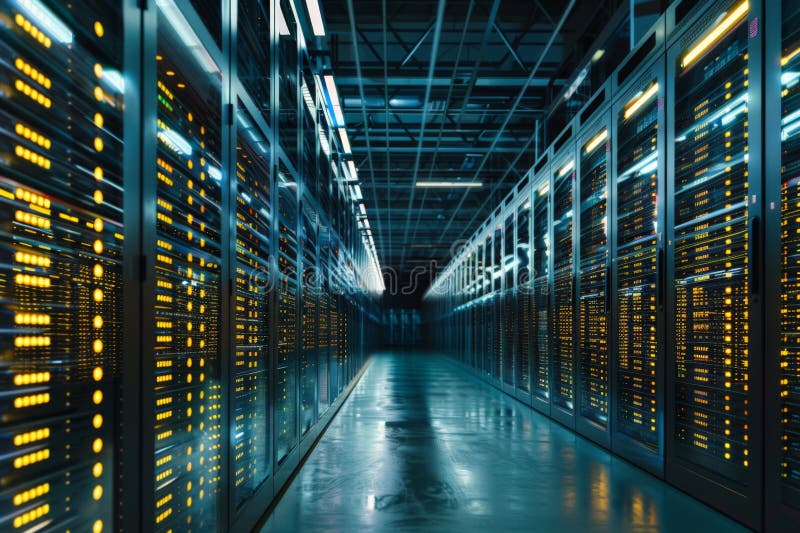 Rows of Servers Fill a Long Building Hallway in a Data Center Stock ...