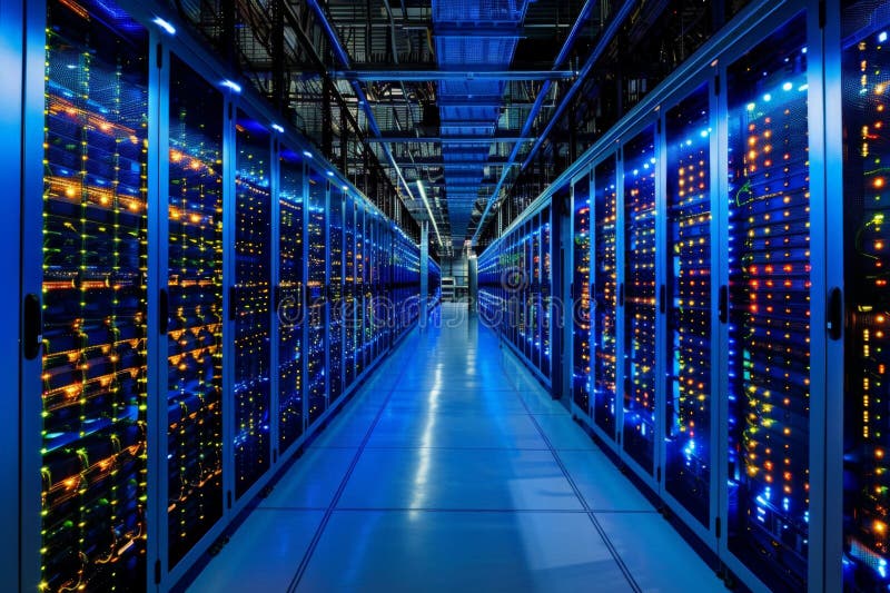 Rows of Servers Fill a Long Building Hallway in a Data Center Stock ...