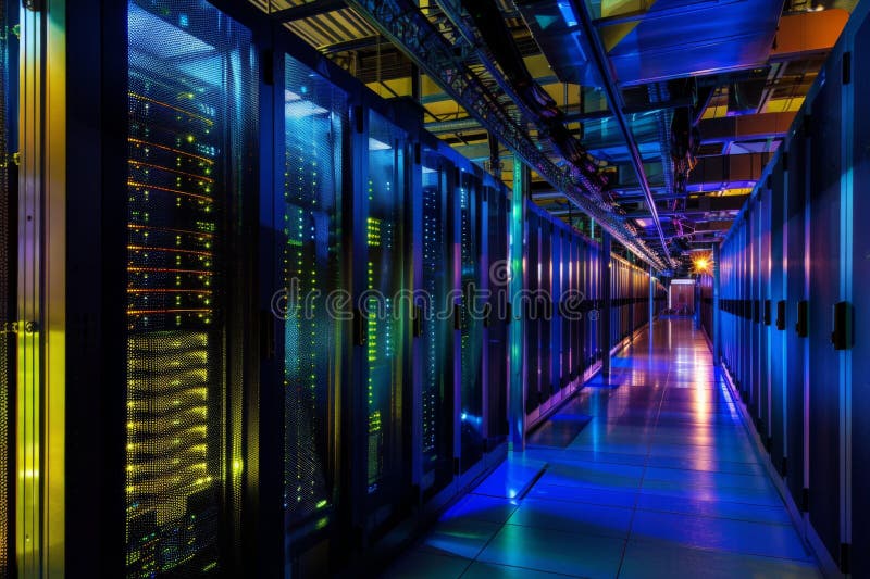 Rows of Servers Fill a Long Building Hallway in a Data Center Stock ...