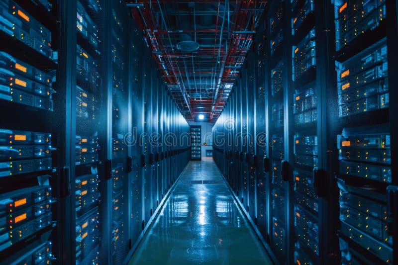 Rows of Servers Fill a Long Building Hallway in a Data Center Stock ...